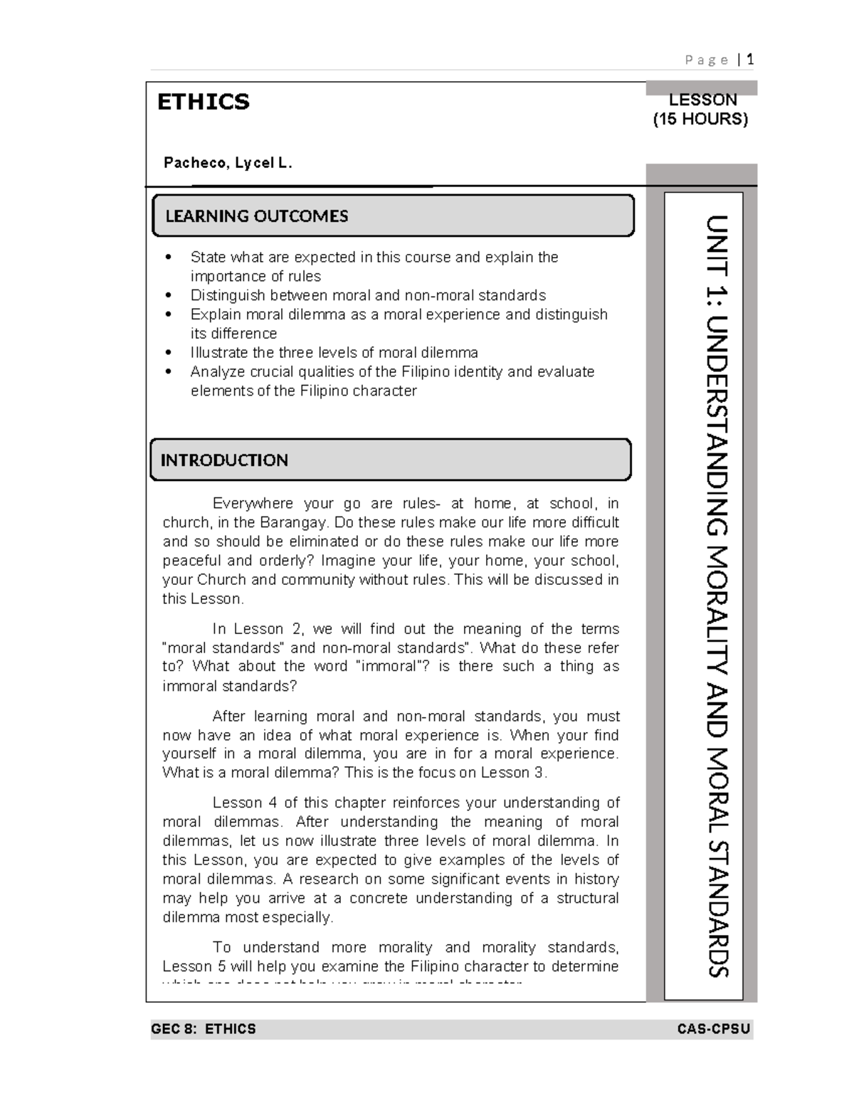 GEC Module on Ethics Unit 1 Lesson 5 - ####### ETHICS State what are ...
