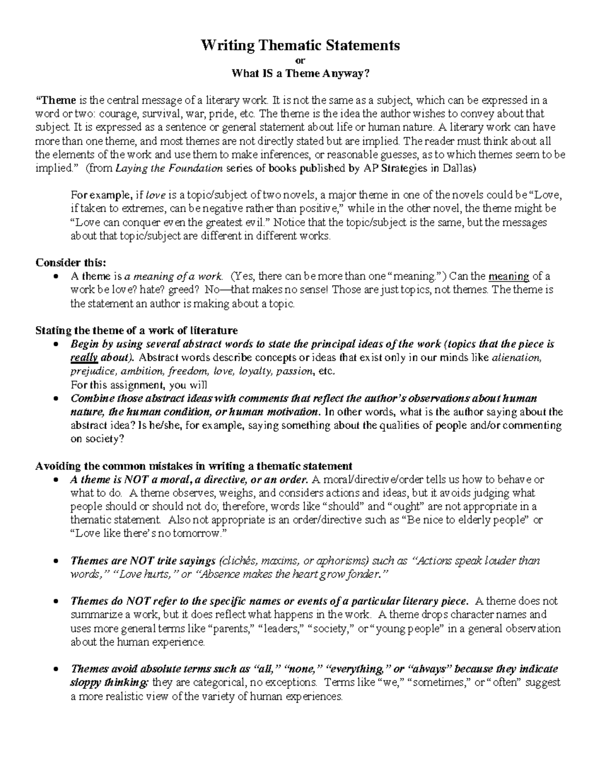 Writing-thematic-statmentsomam - Writing Thematic Statements or What IS ...