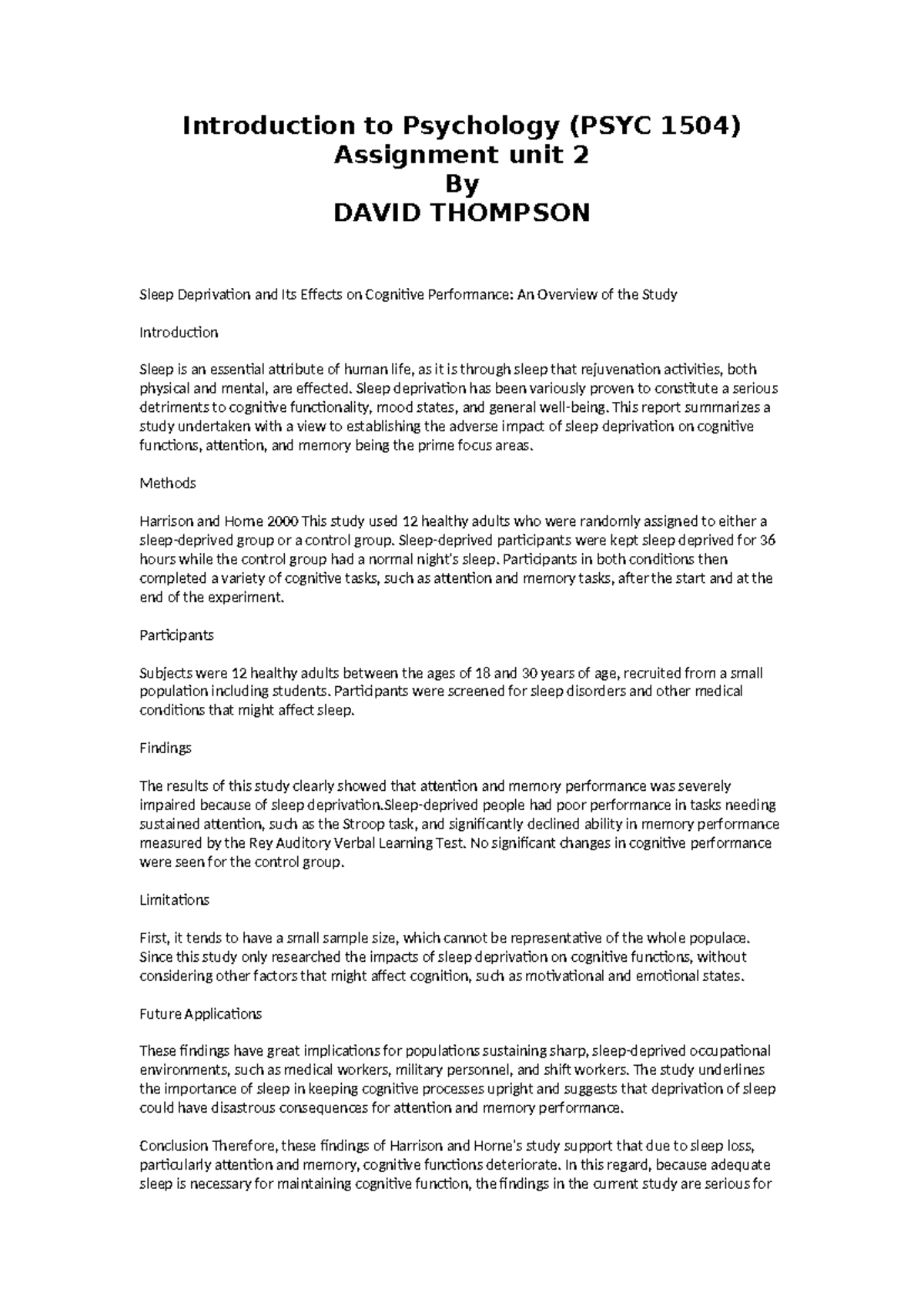 Introduction to Psychology Assignment unit2 - Introduction to Psychology (PSYC 1504) Assignment ...