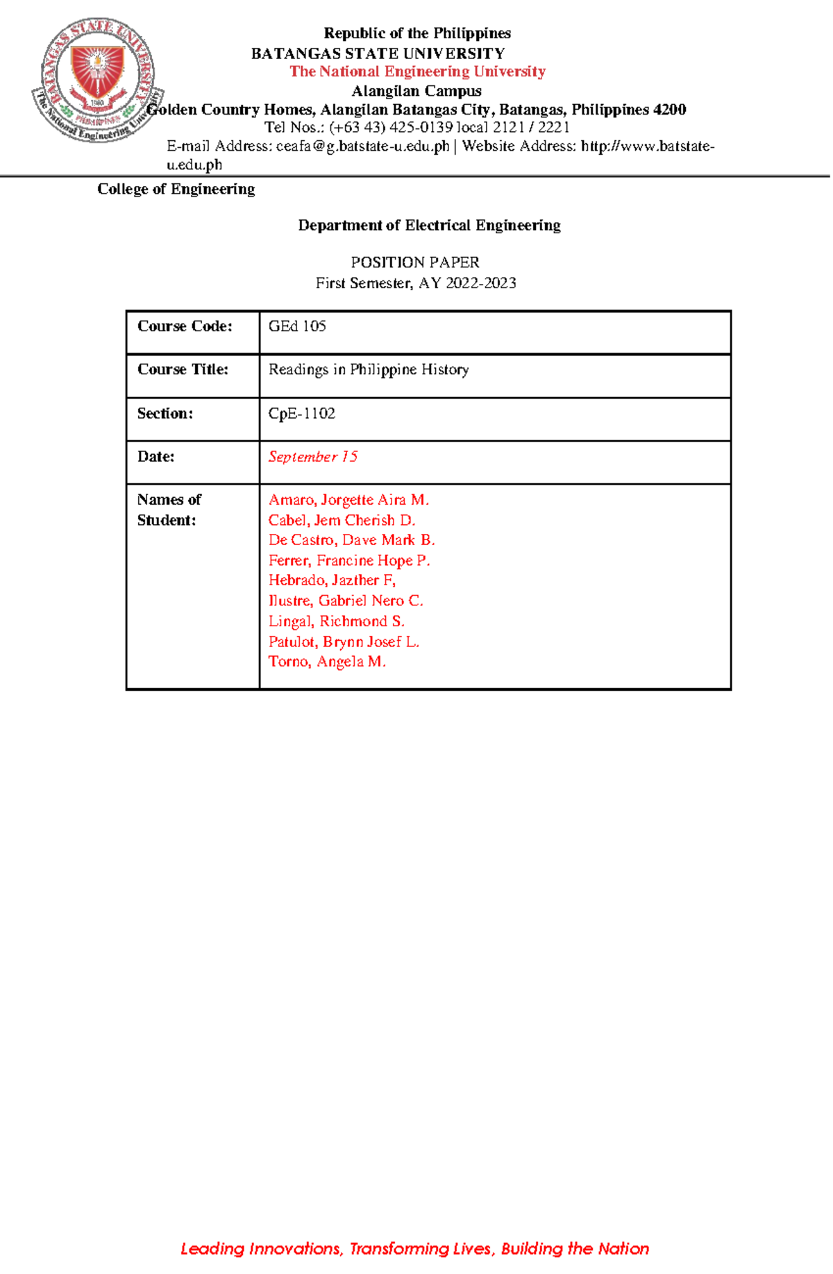 RPH- Position Paper - Republic of the Philippines BATANGAS STATE ...