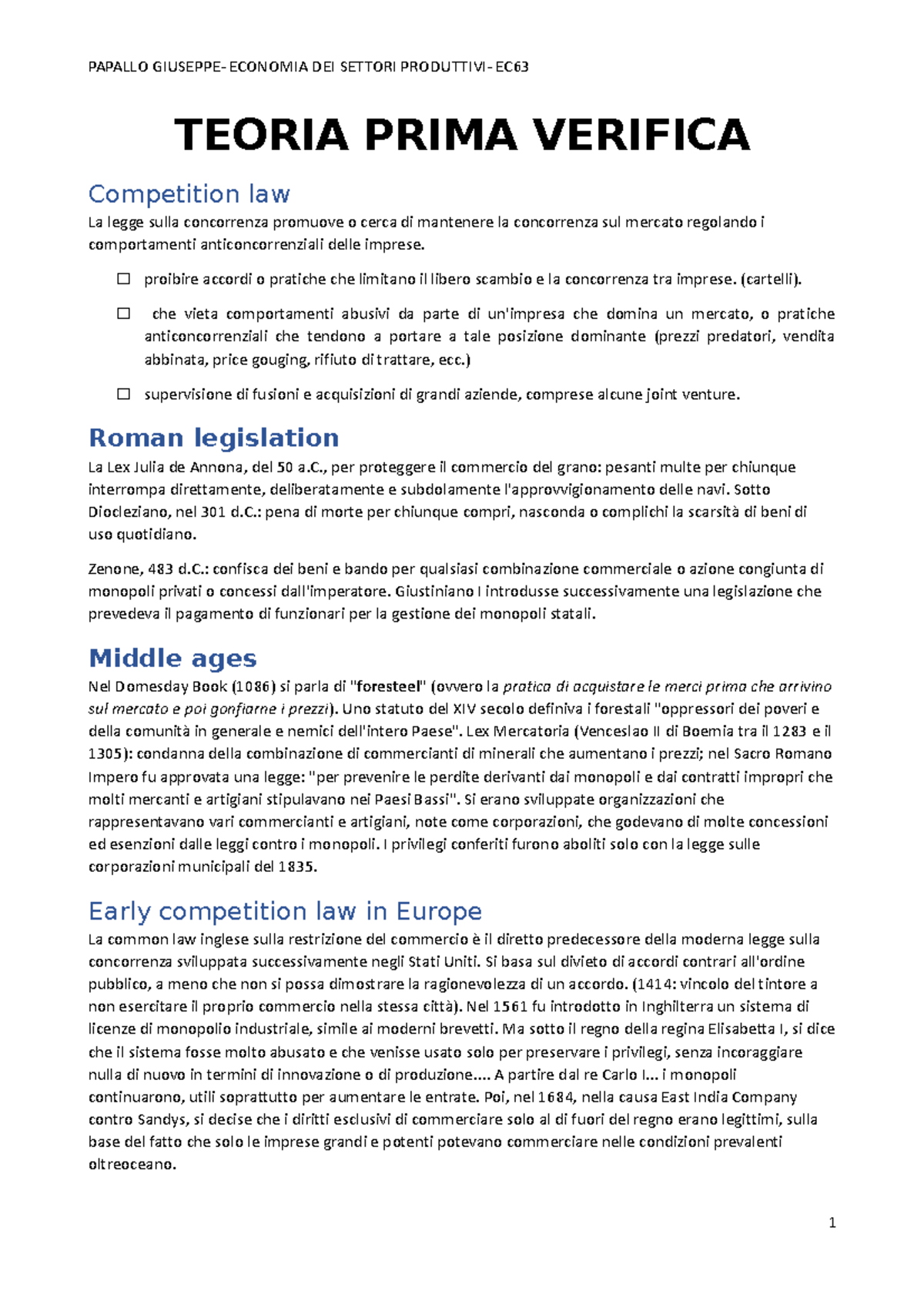 Teoria Prima Verifica Settori Produttivi - TEORIA PRIMA VERIFICA Competition law La legge sulla ...
