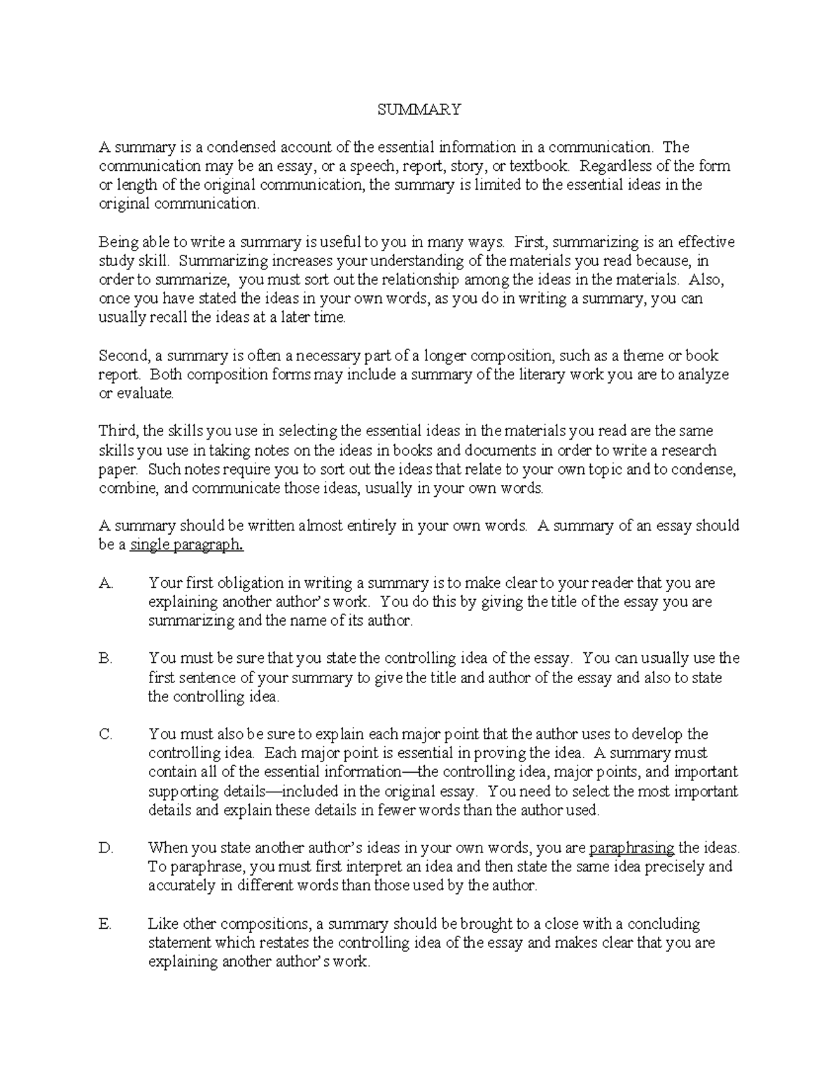 Summary - SUMMARY A summary is a condensed account of the essential ...