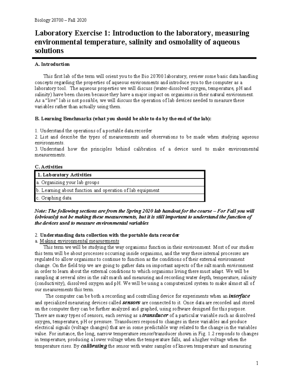 Lab1 Bio 20700 F20 - Labs - Laboratory Exercise 1: Introduction to the laboratory, measuring ...