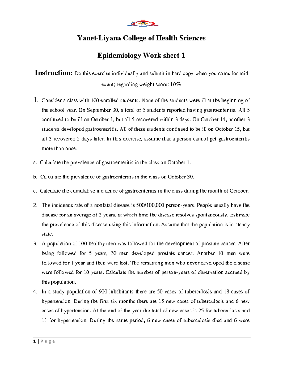 Epidemiology Work sheet-1 - Yanet-Liyana College of Health Sciences ...