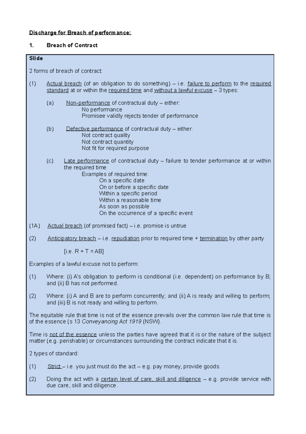 Cheat Sheet - Discharge for Breach of performance - Discharge for Breach of performance: Breach ...