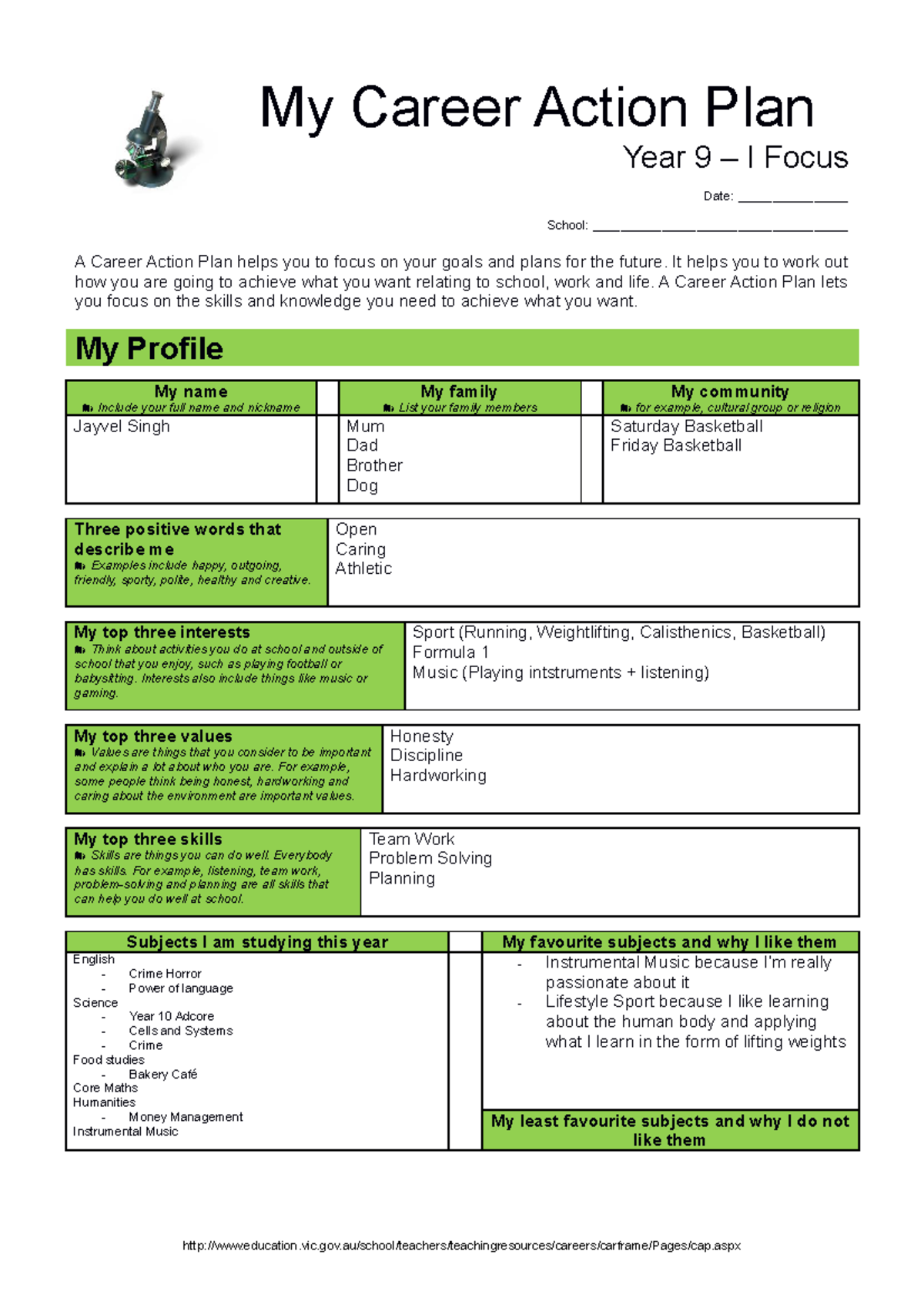 Year 9 Career Action Plan - My Career Action Plan Year 9 – I Focus Date