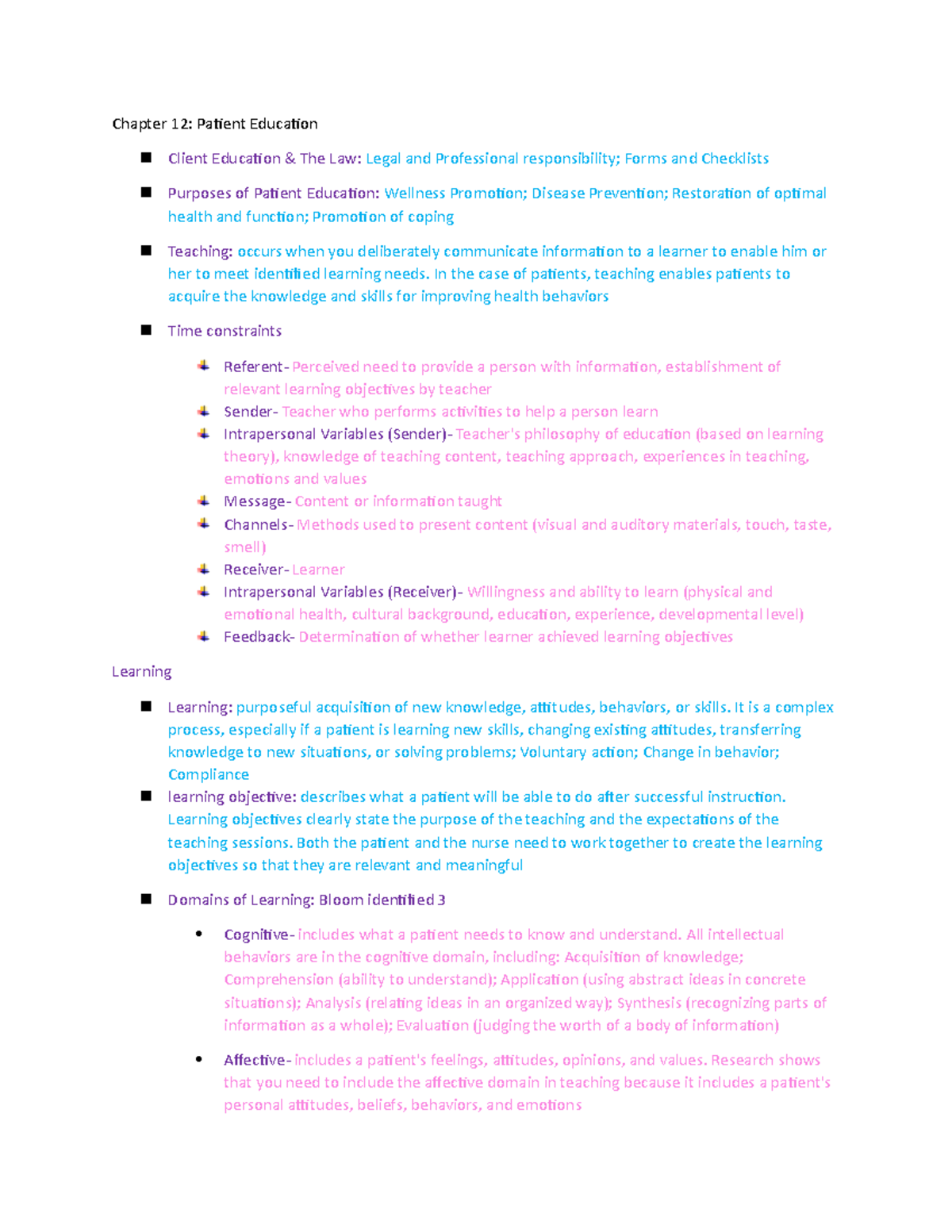 Chapter 12 - lecture notes - Chapter 12: Patient Education Client ...