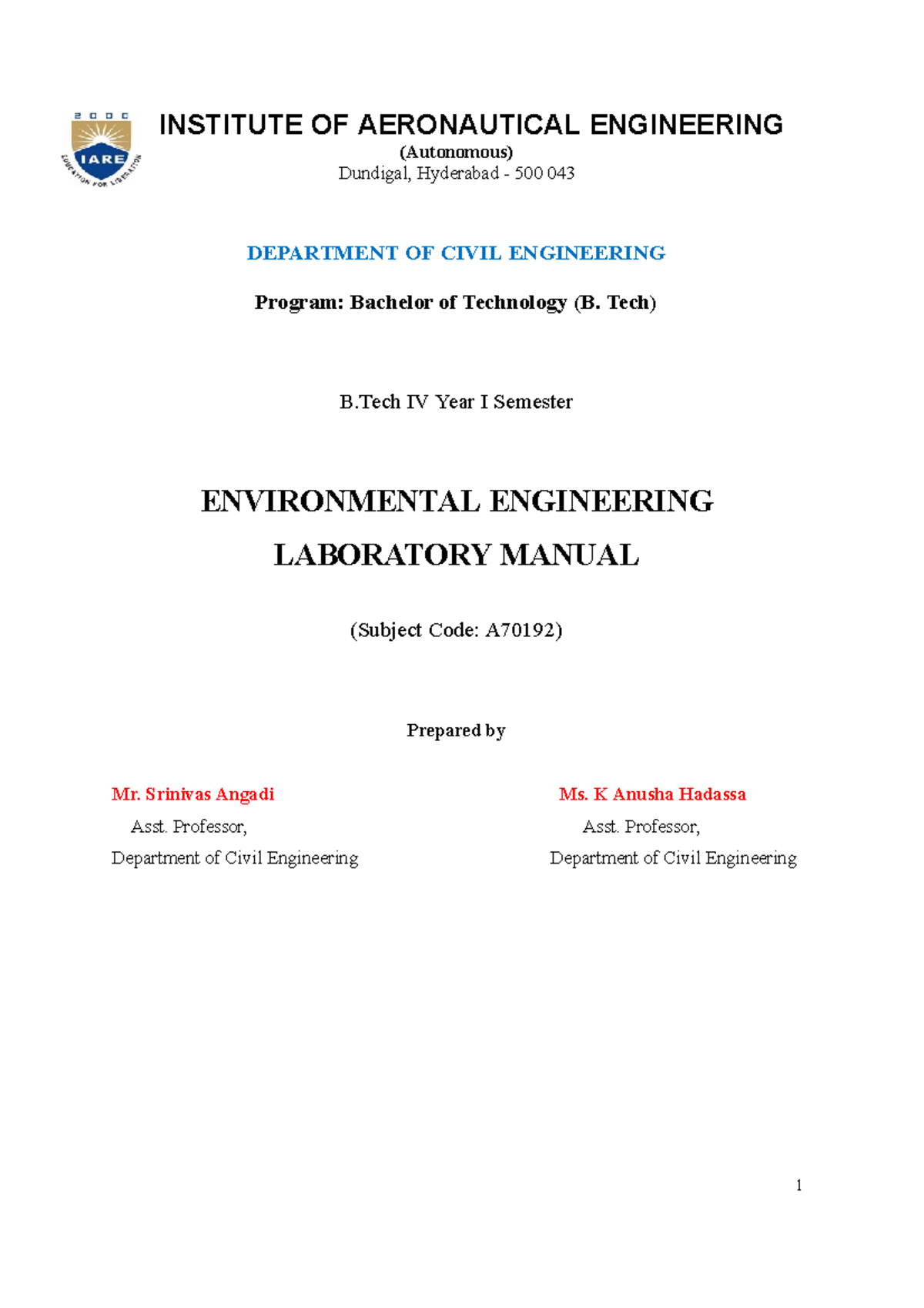 Environmental Engineering Laboratory Lab Manual - 1 INSTITUTE OF AERONAUTICAL ENGINEERING - Studocu