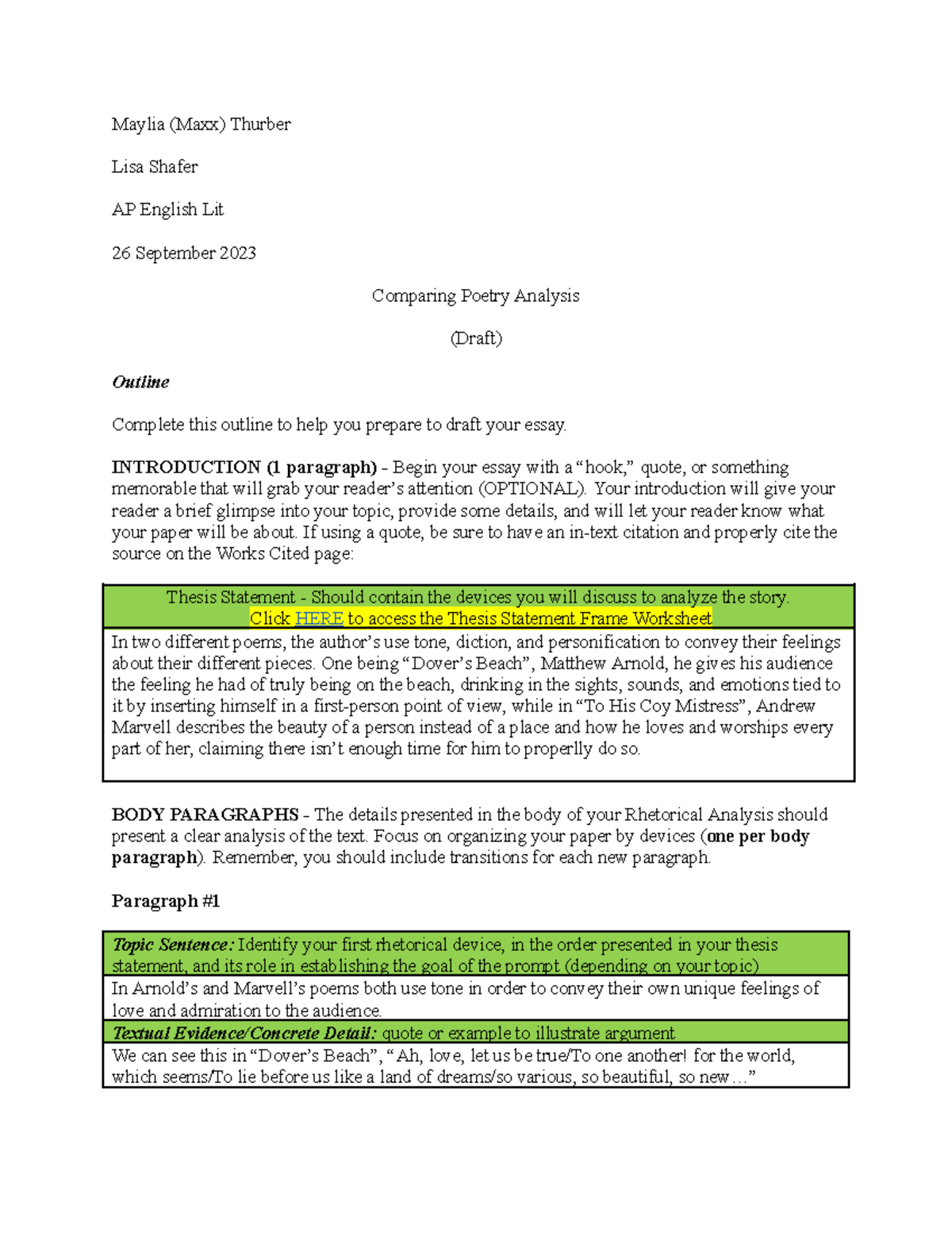 Critical Analysis: Analyzing Poetry Essay OUTLINE - Maylia (Maxx ...
