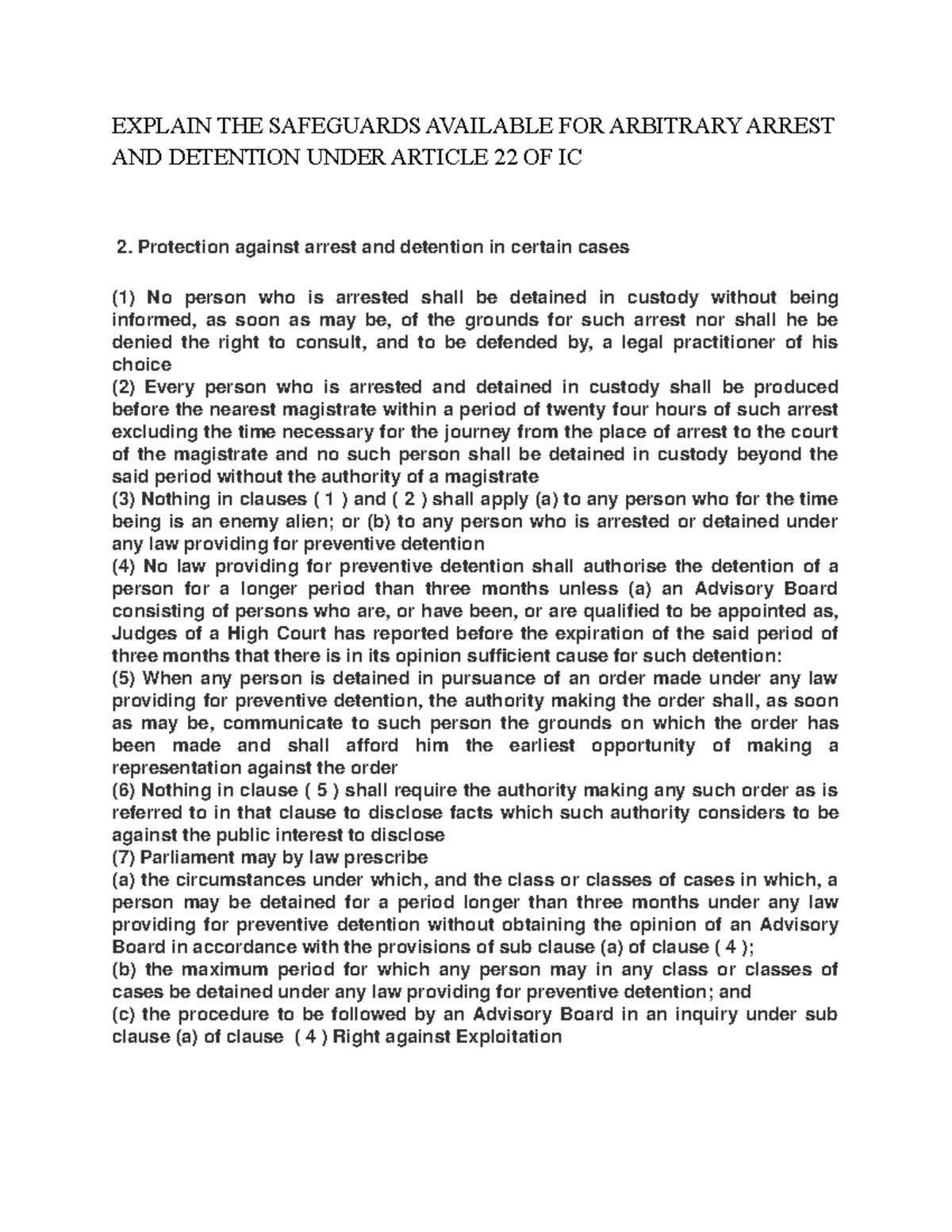 Article 22 OF IC - EXPLAIN THE SAFEGUARDS AVAILABLE FOR ARBITRARY ARREST AND DETENTION UNDER ...