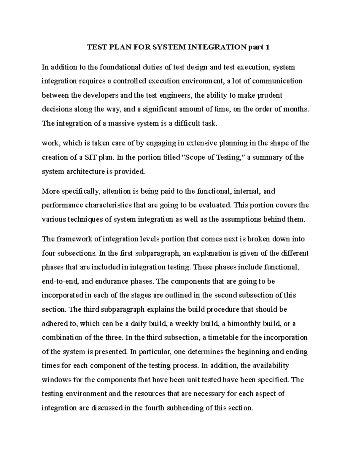 TEST PLAN FOR System Integration part 1 - TEST PLAN FOR SYSTEM ...