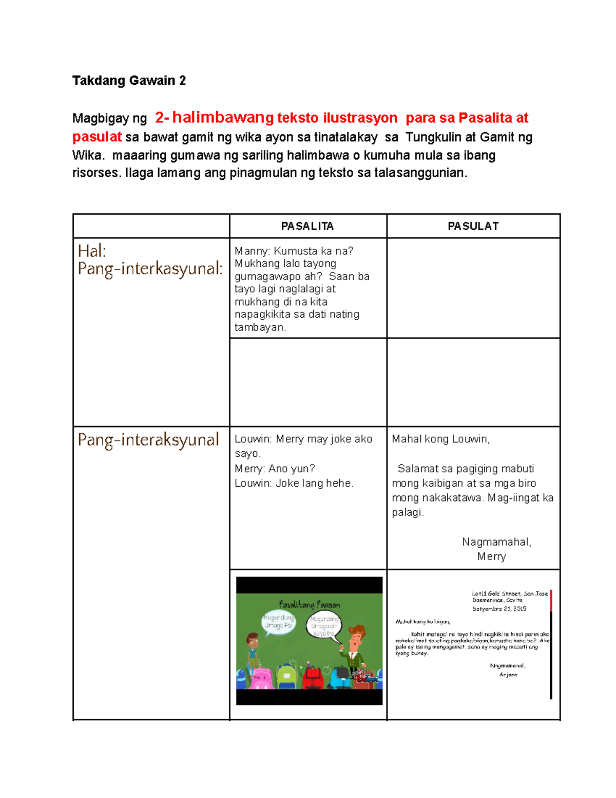 Mga Gamit ng Wika - Takdang Gawain 2 Magbigay ng 2- halimbawang teksto ...