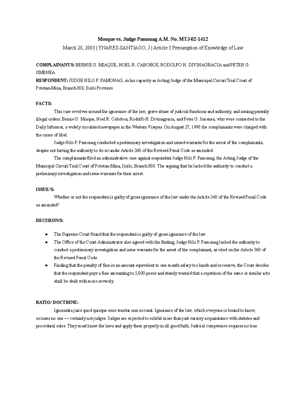 Mosque vs. Judge Pamonag A.M. No. MTJ-02-1412 - Mosque vs. Judge ...