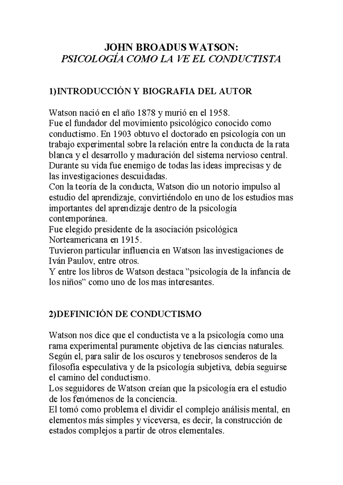 Watson A - conductismo - JOHN BROADUS WATSON: PSICOLOGÍA COMO LA VE EL ...