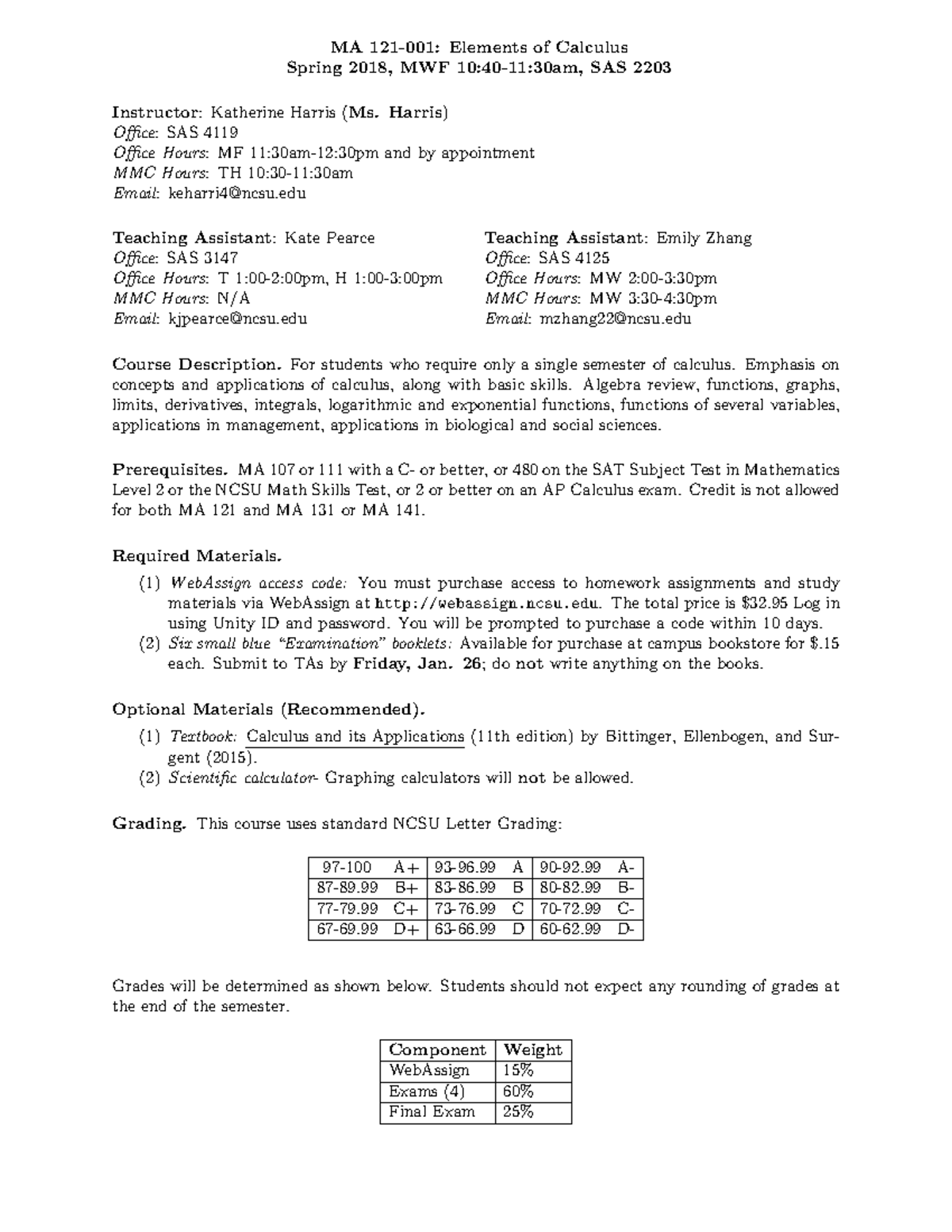 MA121-001 Spring 2018 Syllabus - MA Elements of Calculus Spring 2018 ...