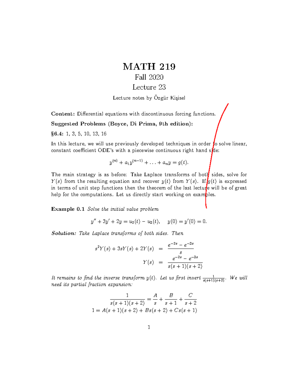MATH219 Lecture 23 - MATH 219 Fall 2020 Lecture 23 Lecture notes by Ozg ...