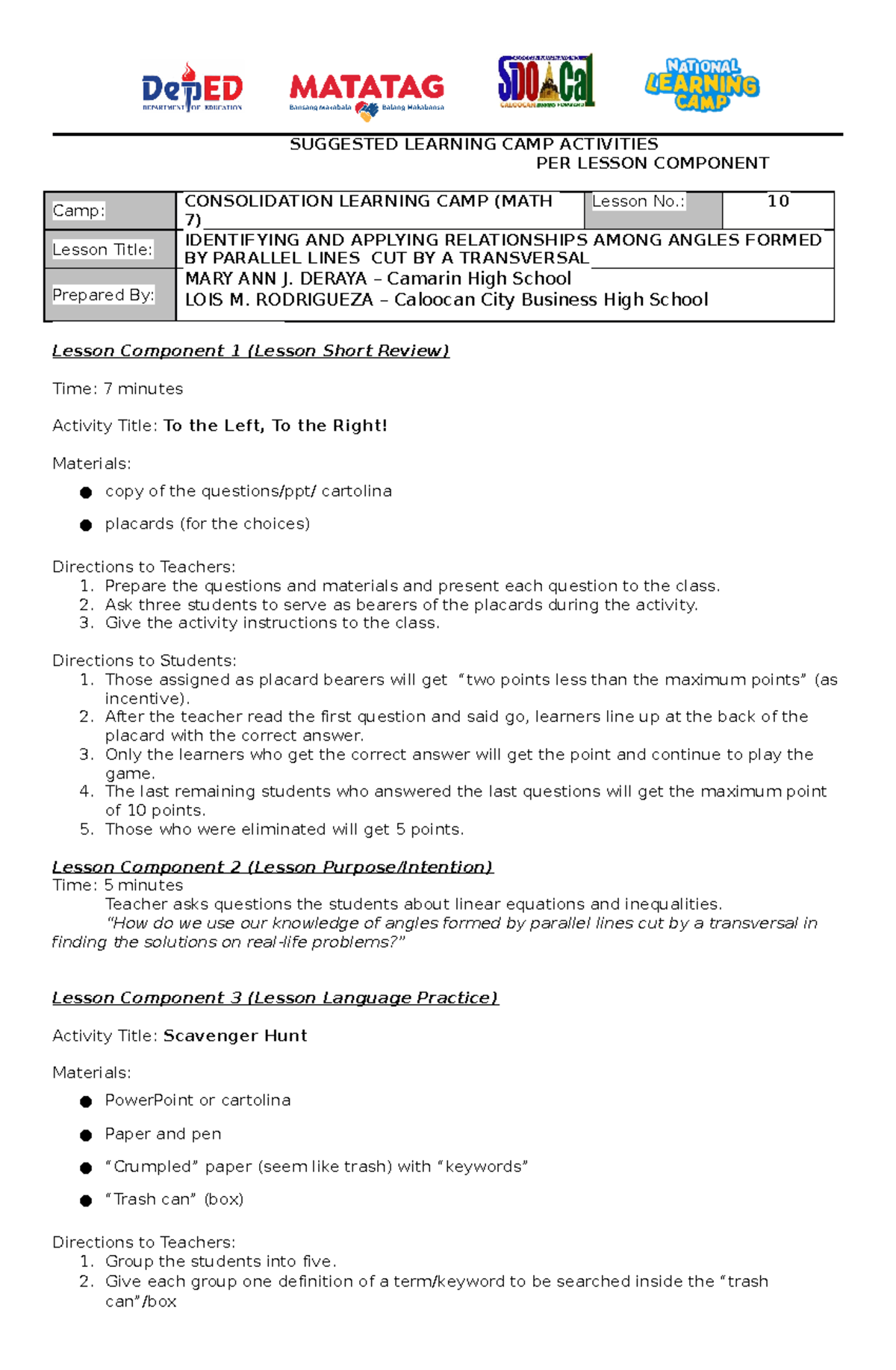 Math 7 NLC Consolidation Lesson 10 - SUGGESTED LEARNING CAMP ACTIVITIES ...