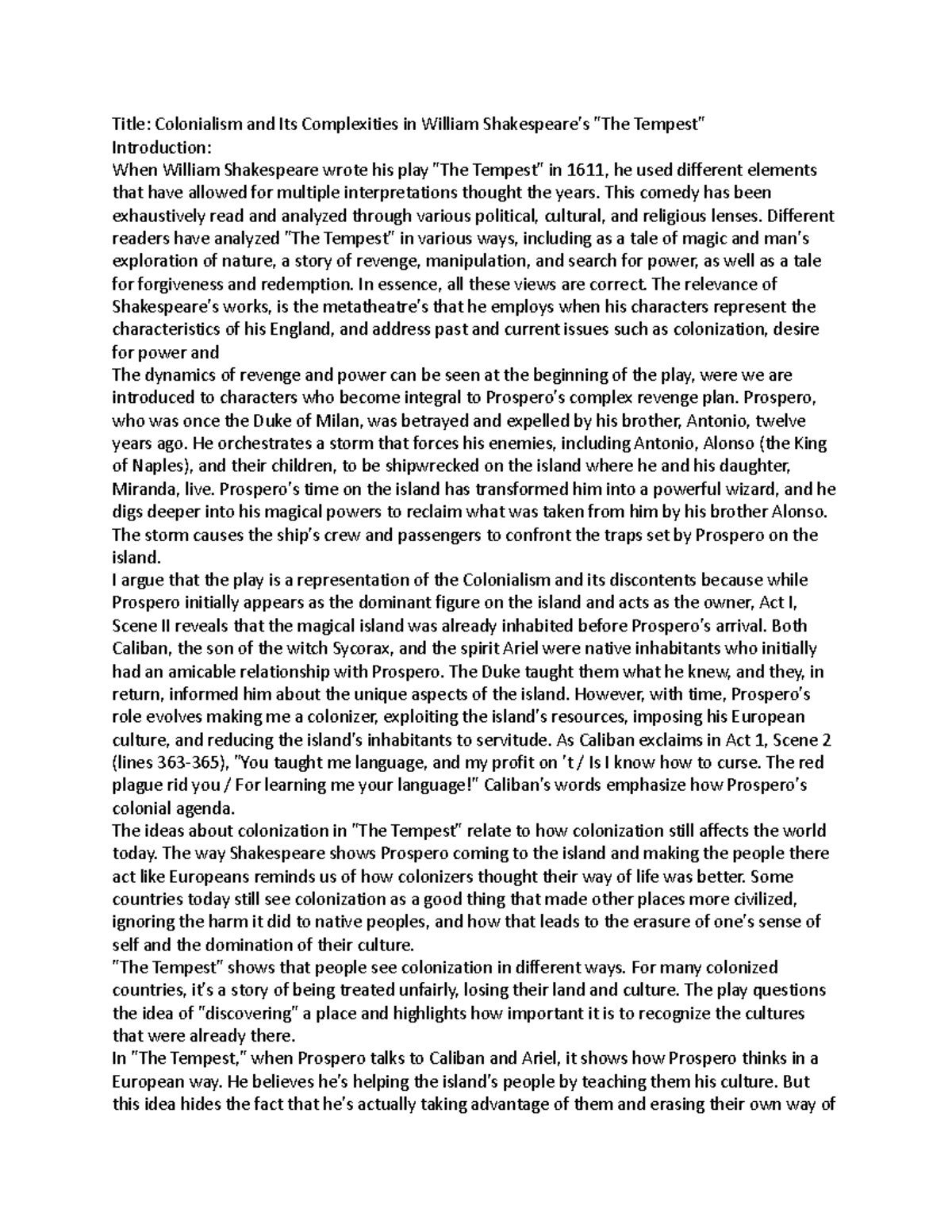 The tempest - William Shakespeare - Title: Colonialism and Its ...