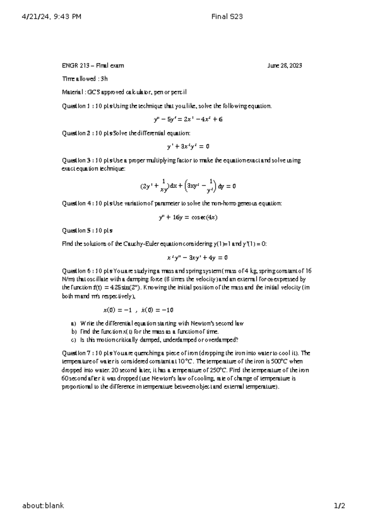 Summer 12023 Final - ENGR 213 – Final exam June 28, 2023 Time allowed : 3h Material : GCS ...