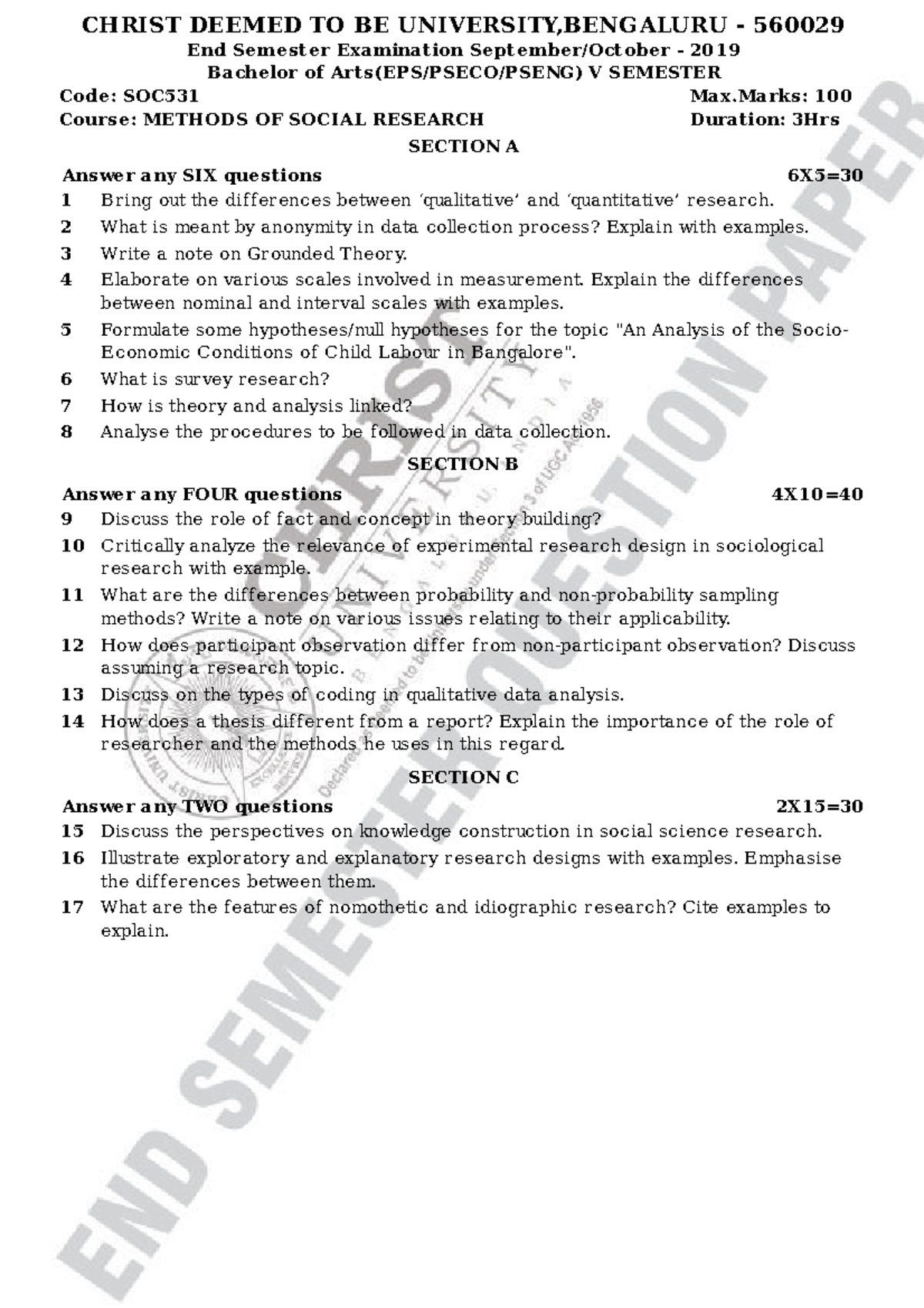 2019 - PAST PAPERS - CHRIST DEEMED TO BE UNIVERSITY,BENGALURU - 560029 ...