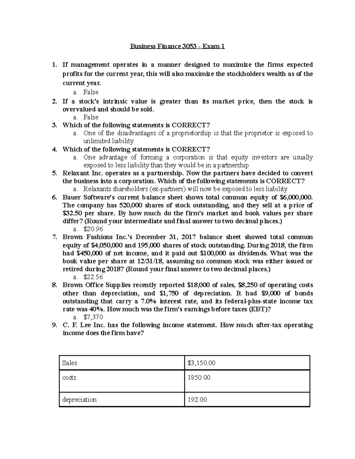 Business Finance 3053 - Exam 1 - Business Finance 3053 - Exam 1 If ...