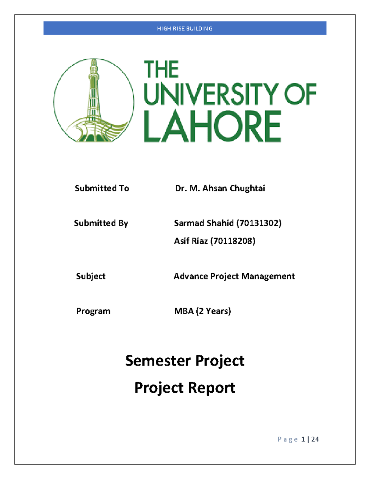APM Project Report Sarmad & Asif - Submitted To Dr. M. Ahsan Chughtai ...