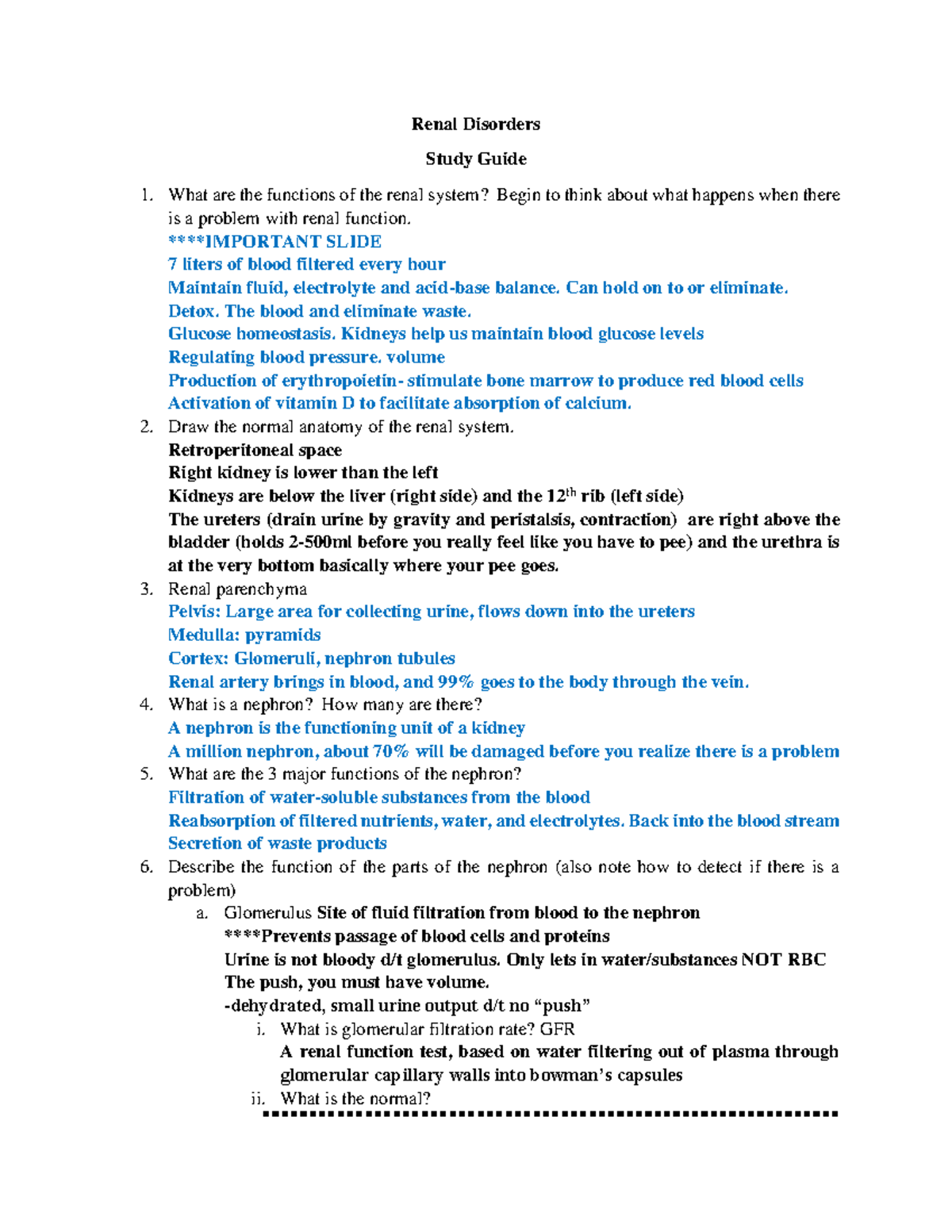 Renal Study Guide - Renal Disorders Study Guide What are the functions ...