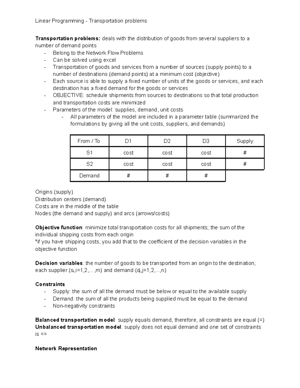 Week 6 Lecture Notes Linear Programming Transportation Problems Transportation Problems