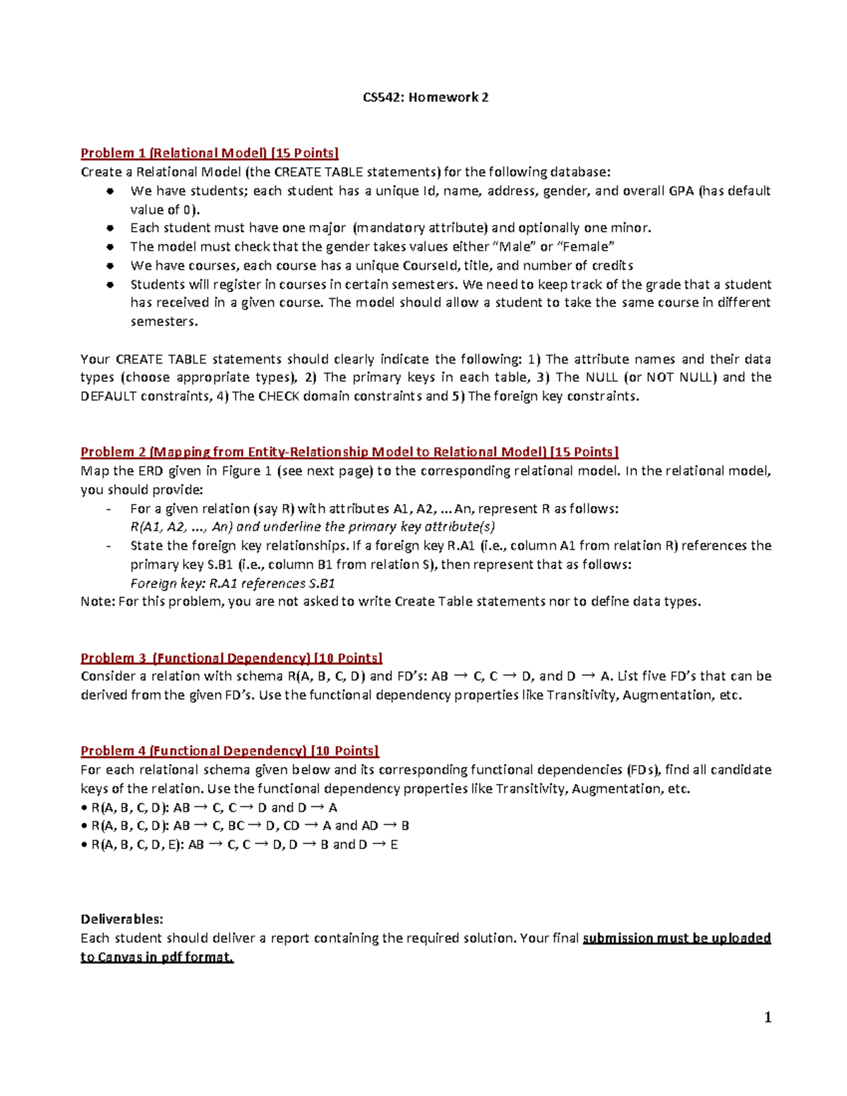 Week 4 [homework 2] - asdfasdf - CS542: Homework 2 Problem 1 (Relational Model) [15 Points ...