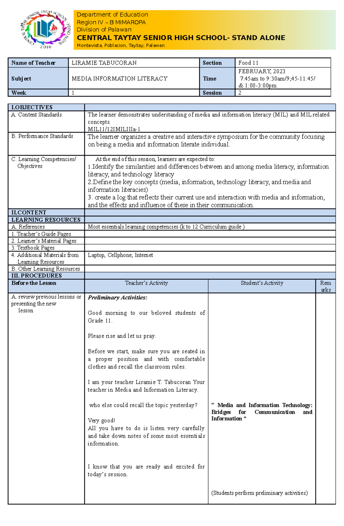 Lesson plan- MIL-2 - z Name of Teacher LIRAMIE TABUCORAN Section Food ...