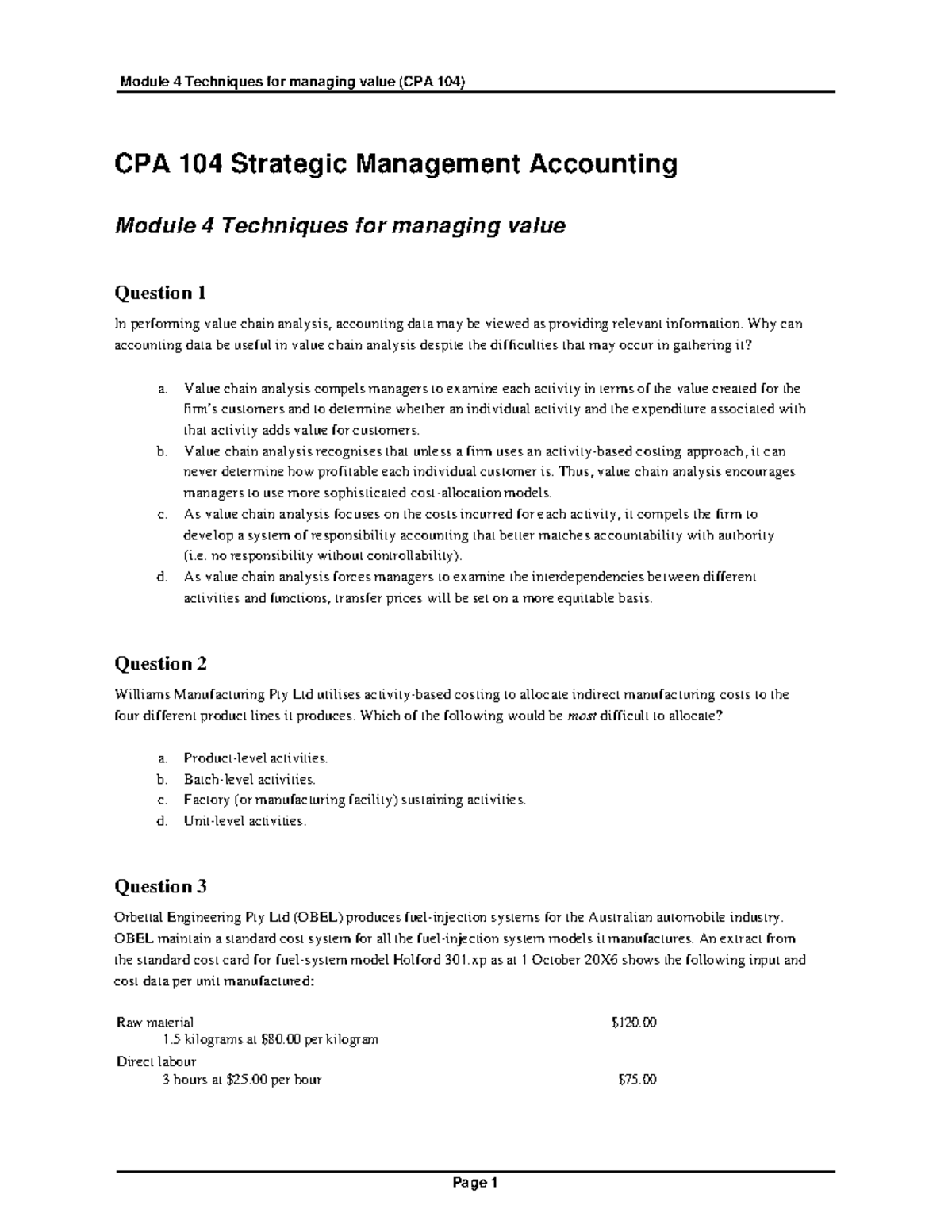 Mod 4 answers - Lec notes - CPA 104 Strategic Management Accounting ...