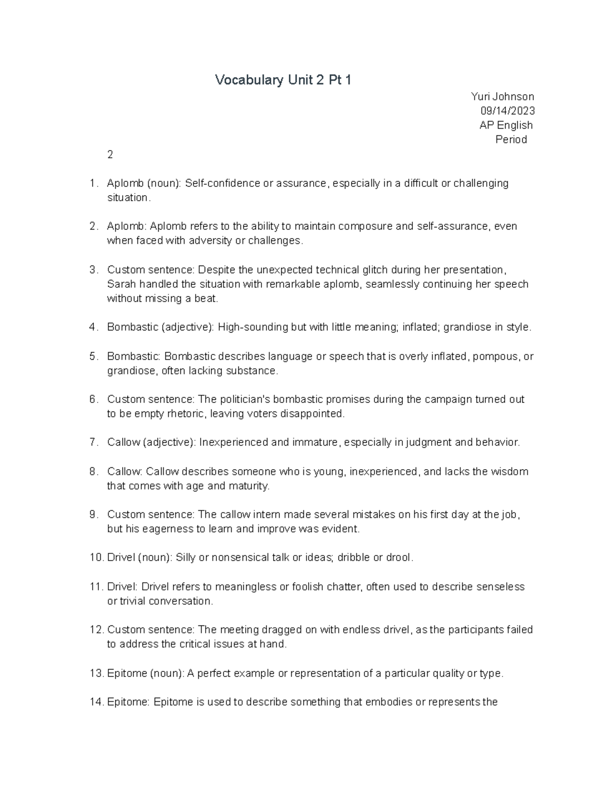 Vocabulary Unit 2 Pt 1 - dewe - Vocabulary Unit 2 Pt 1 Yuri Johnson 09 ...