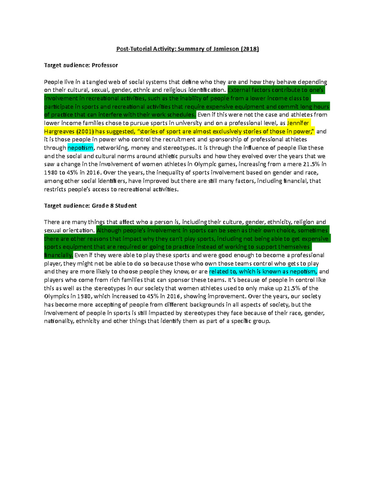 Tutorial 1 copy - Post-Tutorial Activity: Summary of Jamieson (2018 ...