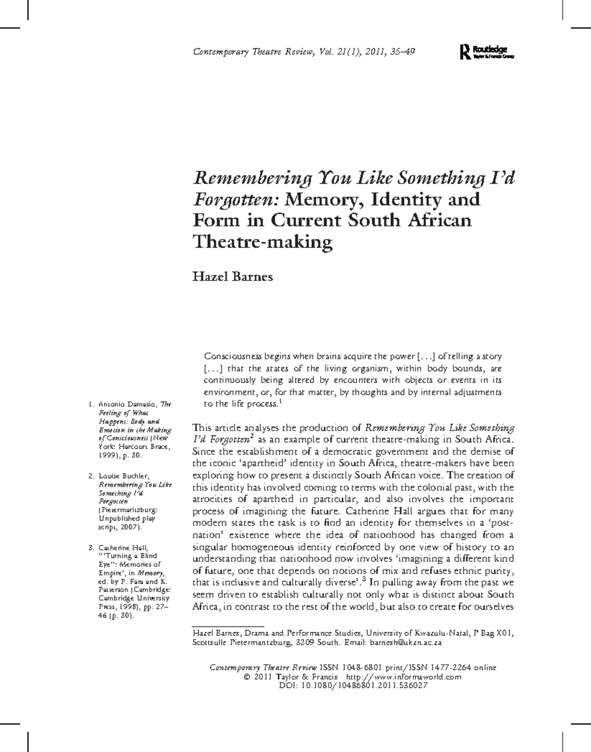 Remembering You Like Something I’d Forgotten: Memory, Identity and Form ...