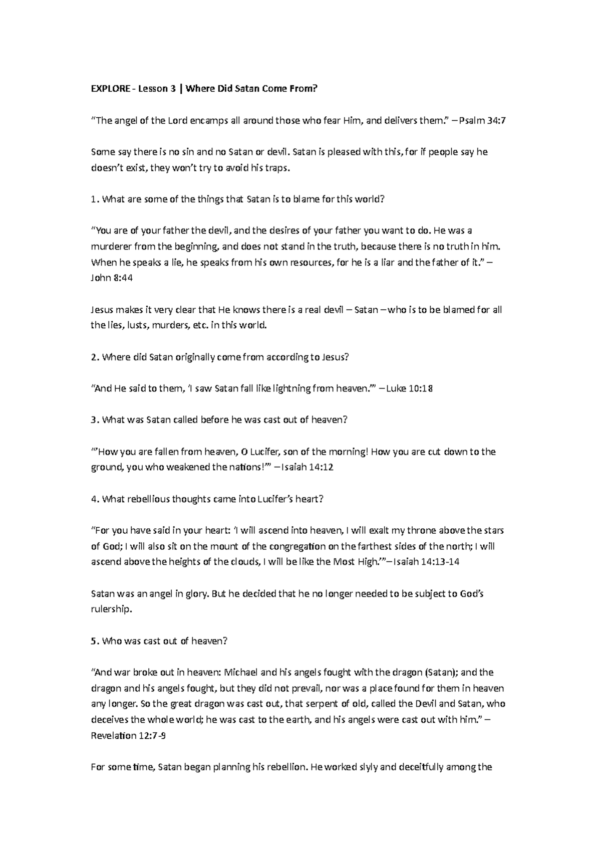 Lesson 3 - Lecture notes 3 - EXPLORE - Lesson 3 | Where Did Satan Come ...