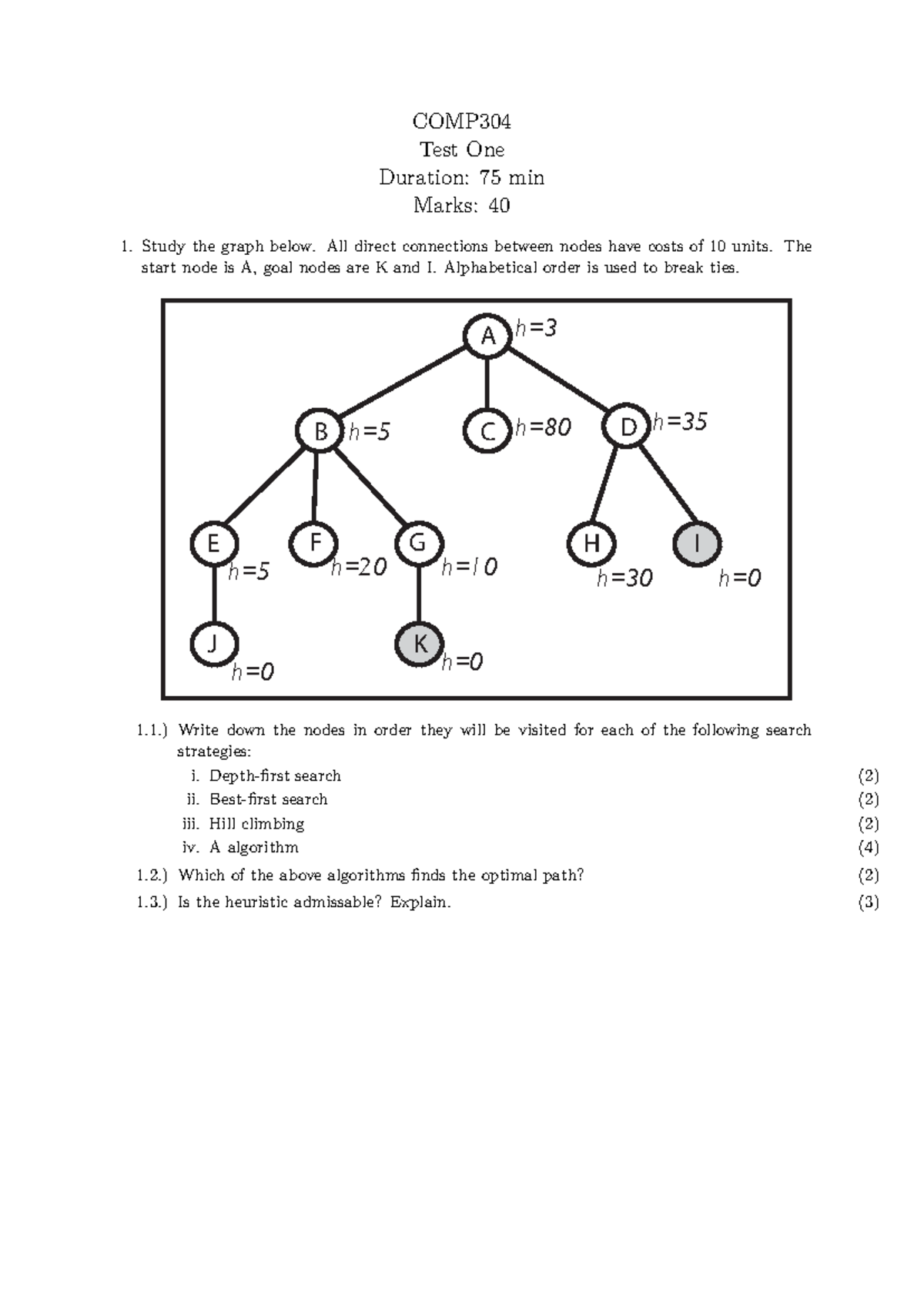 Comp304 Test One - Artificial Intelligence - COMP Test One Duration: 75 ...