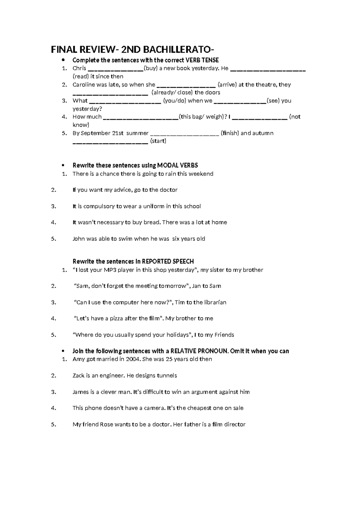 REPORTED SPEECH - FINAL REVIEW- 2ND BACHILLERATO- Complete the ...