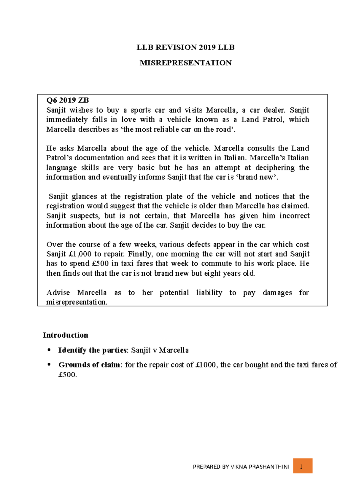 LLB Revision 2019 Misrep 2 - PREPARED BY VIKNA PRASHANTHINI 1 LLB ...