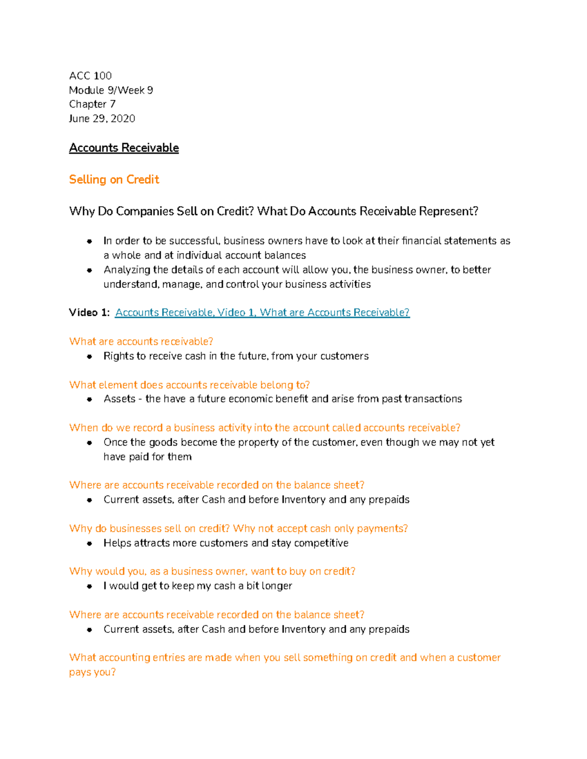 Module 9 Week 9 - notes for ACC 100 - ACC 100 Module 9/Week 9 Chapter 7 ...