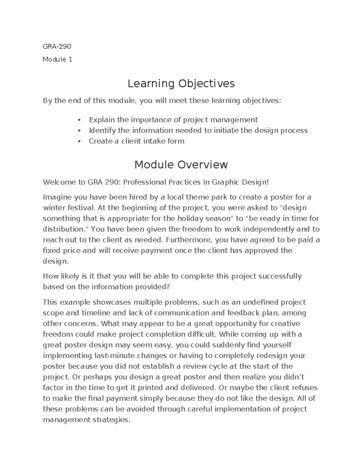Notes - GRA- Module 1 Learning Objectives ####### By the end of this ...
