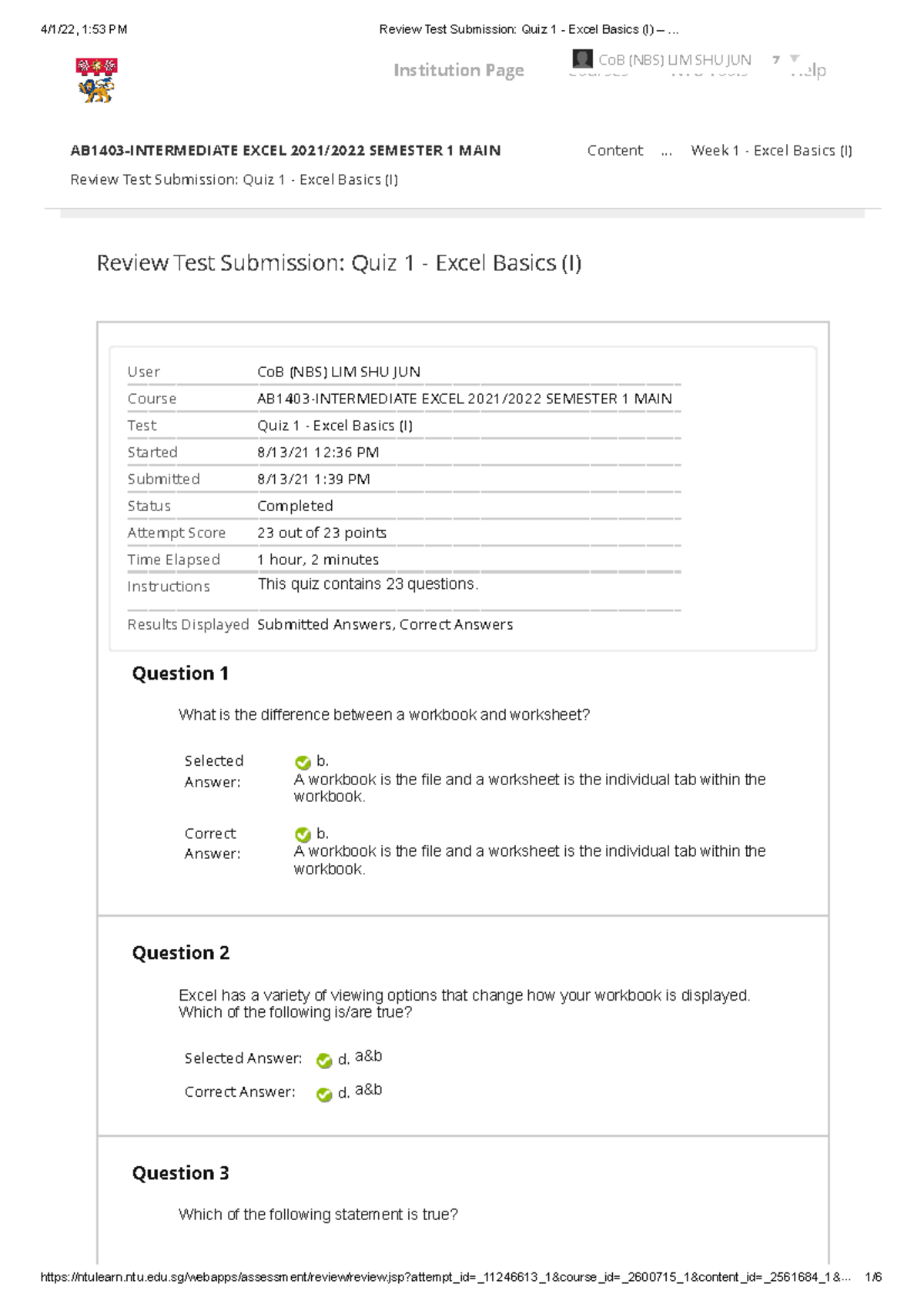 Excel Quiz 1 Answers - Review Test Submission: Quiz 1 - Excel Basics (I ...