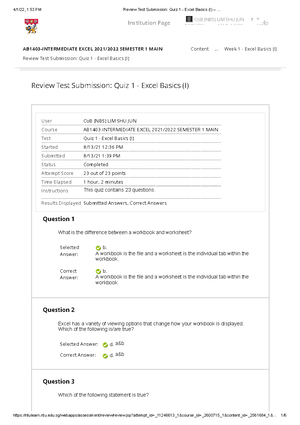 Excel Quiz 2 Answers - Review Test Submission: Quiz 2 - Excel basics ...