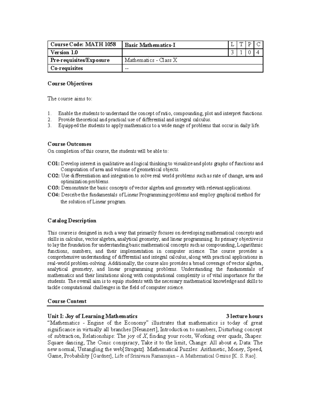 Basic Mathematics I - course content BCA - Course Objectives The course ...