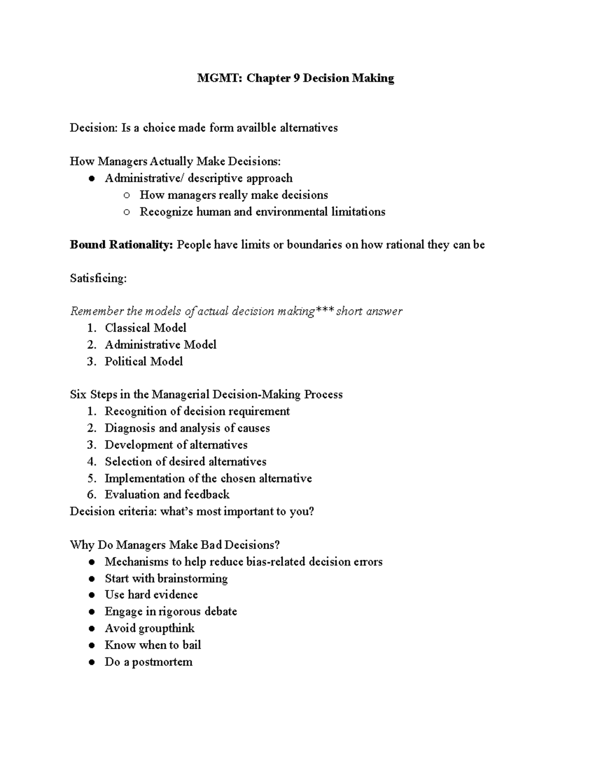 MGMT Chapter 9 - Prof Burga - MGMT: Chapter 9 Decision Making Decision ...