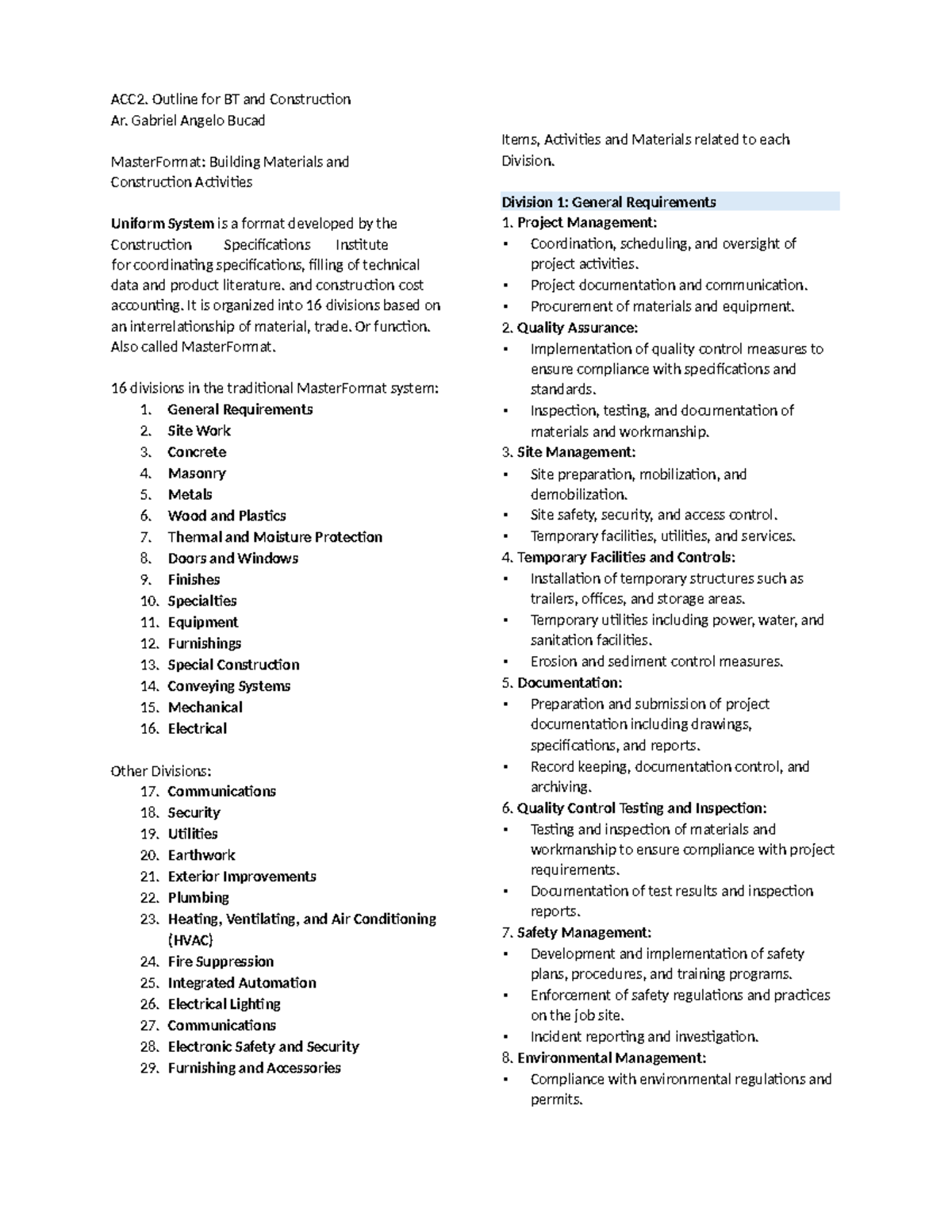 lecture in acc in tsu - ACC2. Outline for BT and Construction Ar ...