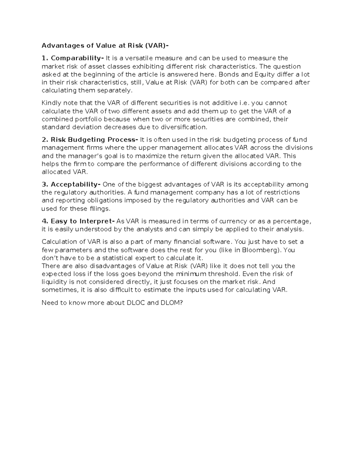 Advantages of Value at Risk - The question asked at the beginning of ...