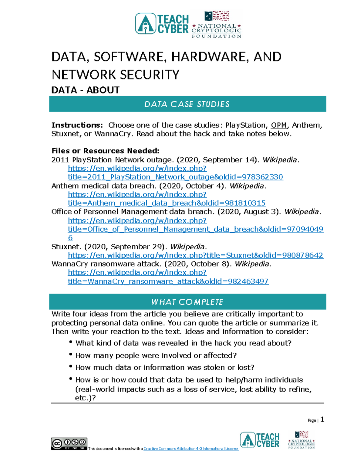 Copy of Data, Software, Hardware, and Network Security Case Studies - DATA, SOFTWARE, HARDWARE ...