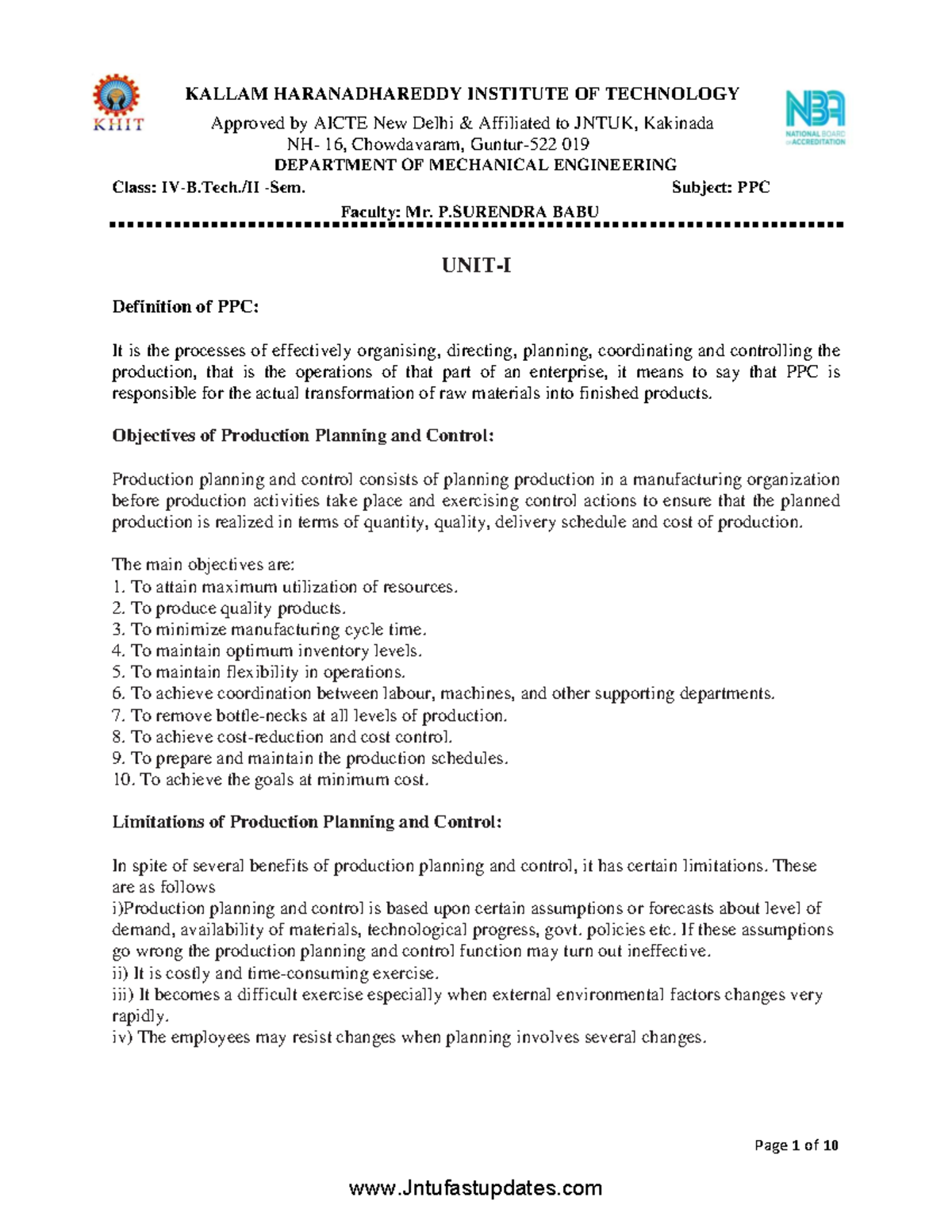 PPC R16-UNIT-I - B tech mechanical engineering - Page 1 of 10 KALLAM ...