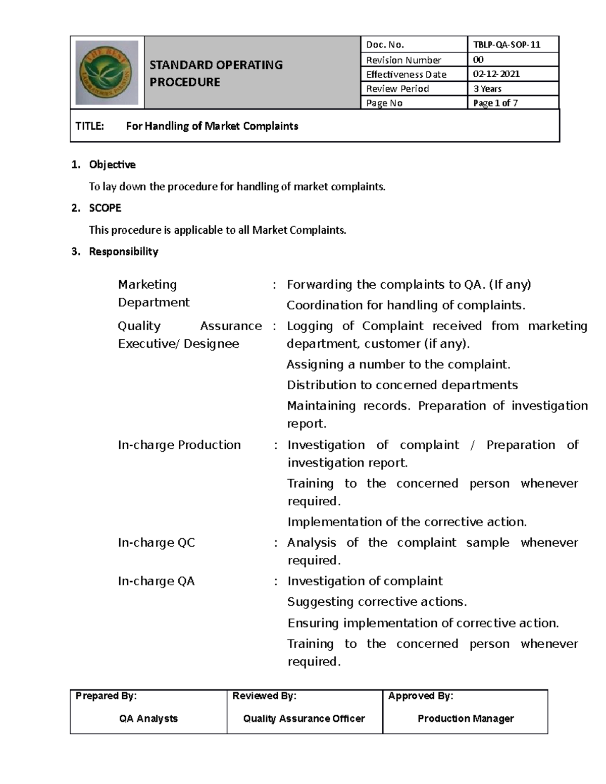 SOP For Handling of Market Complaints - STANDARD OPERATING PROCEDURE ...