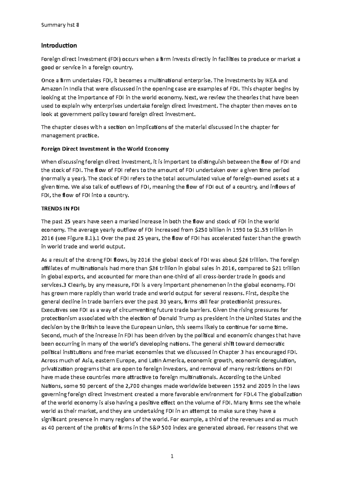 Summary hfst 8 foreign direct investment FZ45 - Introduction Foreign ...
